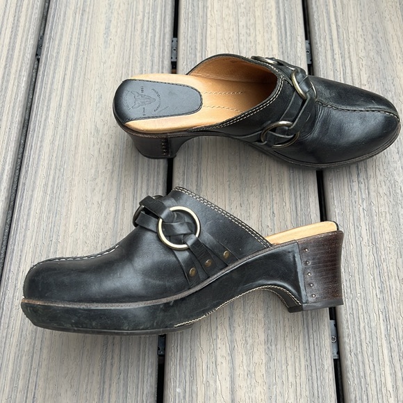 Frye | Shoes | Frye Clogs Mules Black Leather Stacked Heel Brass ...